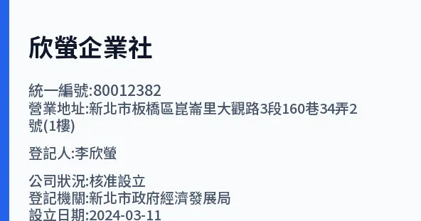 欣螢企業社的照片-統編 80012382(新北市) 公司登記資料與營業項目詳細圖表