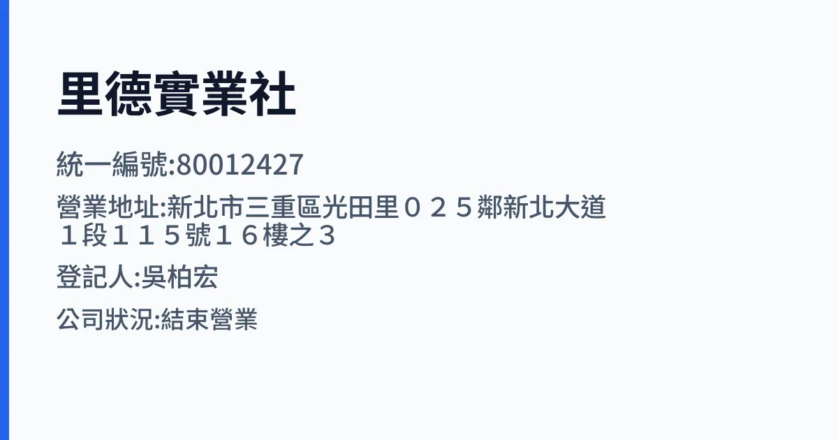 里德實業社 - 統編 80012427(新北市) 公司登記資料與營業項目詳細圖表