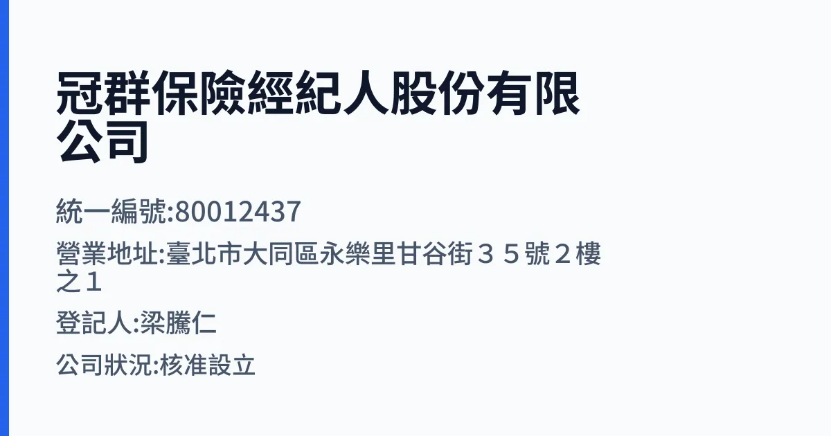 冠群保險經紀人股份有限公司 - 統編 80012437(臺北市) 公司登記資料與營業項目詳細圖表