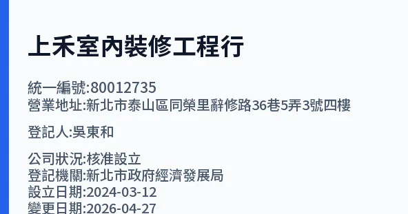 上禾室內裝修工程行的照片-統編 80012735(新北市) 公司登記資料與營業項目詳細圖表
