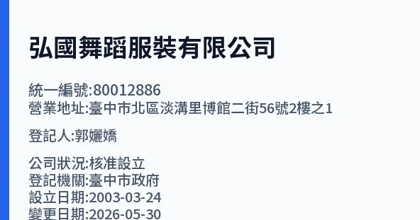 弘國舞蹈服裝有限公司的照片-統編 80012886(臺中市) 公司登記資料與營業項目詳細圖表