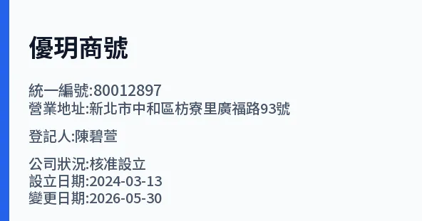 優玥商號的照片-統編 80012897(新北市) 公司登記資料與營業項目詳細圖表