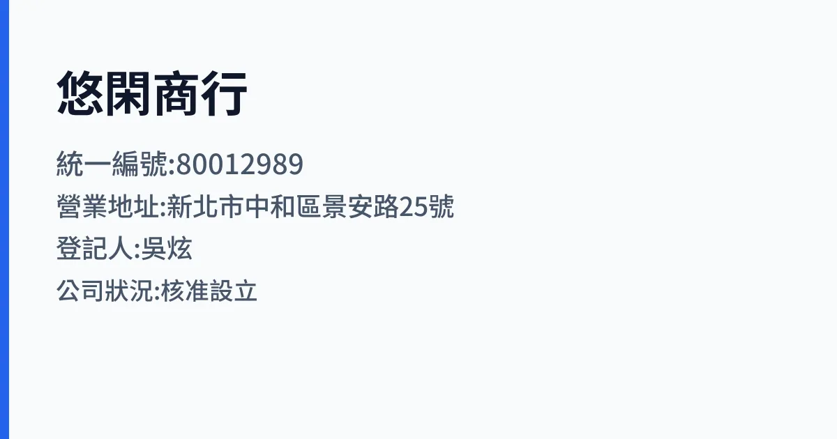 悠閑商行 - 統編 80012989(新北市) 公司登記資料與營業項目詳細圖表