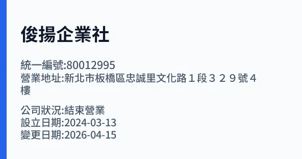 俊揚企業社的照片-統編 80012995(新北市) 公司登記資料與營業項目詳細圖表