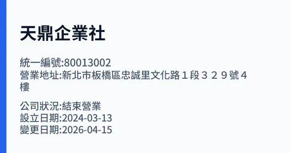 天鼎企業社的照片-統編 80013002(新北市) 公司登記資料與營業項目詳細圖表