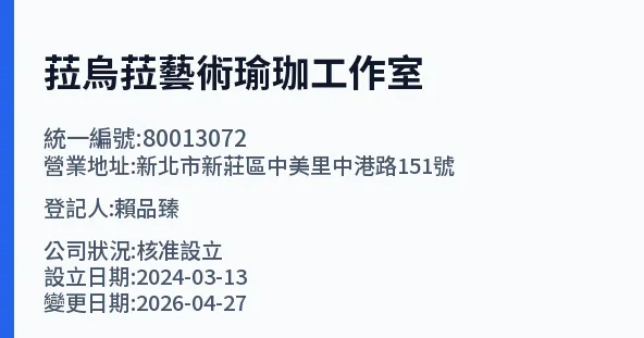 菈烏菈藝術瑜珈工作室的照片-統編 80013072(新北市) 公司登記資料與營業項目詳細圖表