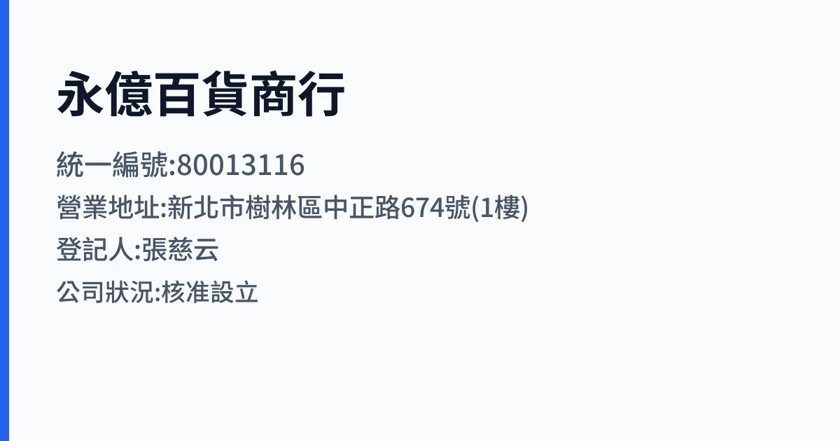 永億百貨商行 - 統編 80013116(新北市) 公司登記資料與營業項目詳細圖表