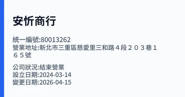 安忻商行的照片-統編 80013262(新北市) 公司登記資料與營業項目詳細圖表