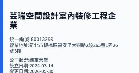芸瑞空間設計室內裝修工程企業的照片-統編 80013299(新北市) 公司登記資料與營業項目詳細圖表