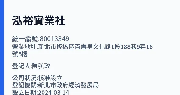 泓裕實業社的照片-統編 80013349(新北市) 公司登記資料與營業項目詳細圖表