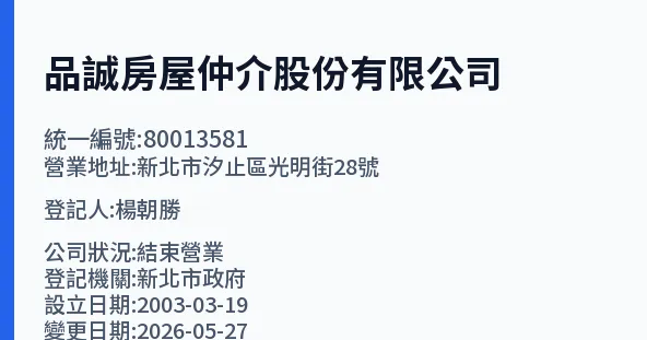 品誠房屋仲介股份有限公司的照片-統編 80013581(新北市) 公司登記資料與營業項目詳細圖表