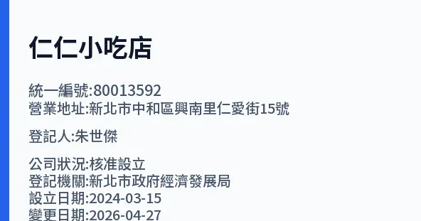 仁仁小吃店的照片-統編 80013592(新北市) 公司登記資料與營業項目詳細圖表