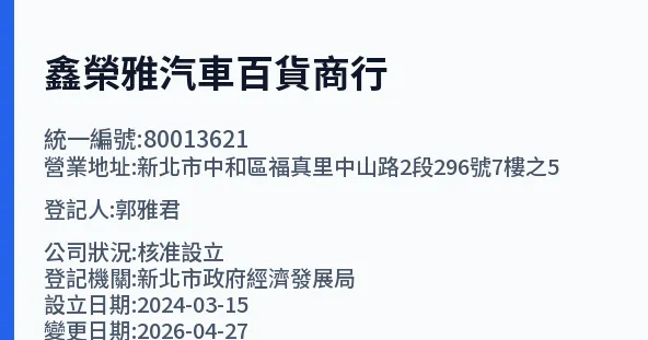 鑫榮雅汽車百貨商行的照片-統編 80013621(新北市) 公司登記資料與營業項目詳細圖表