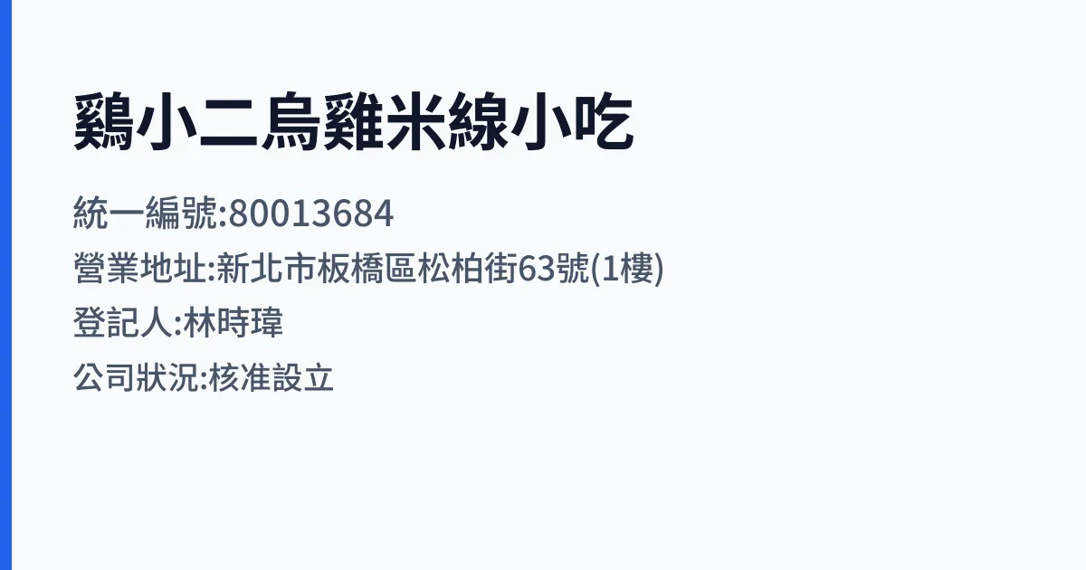 鷄小二烏雞米線小吃 - 統編 80013684(新北市) 公司登記資料與營業項目詳細圖表