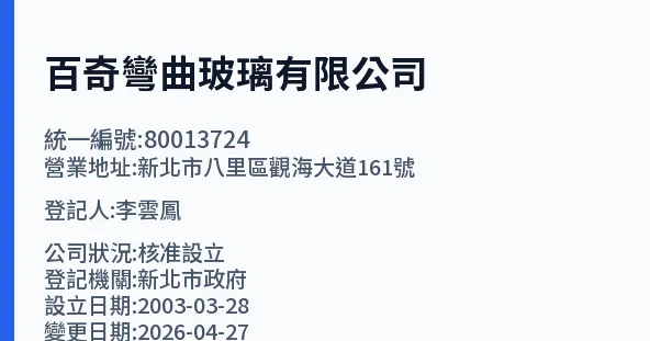 百奇彎曲玻璃有限公司的照片-統編 80013724(新北市) 公司登記資料與營業項目詳細圖表