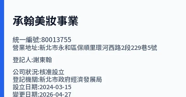 承翰美妝事業的照片-統編 80013755(新北市) 公司登記資料與營業項目詳細圖表