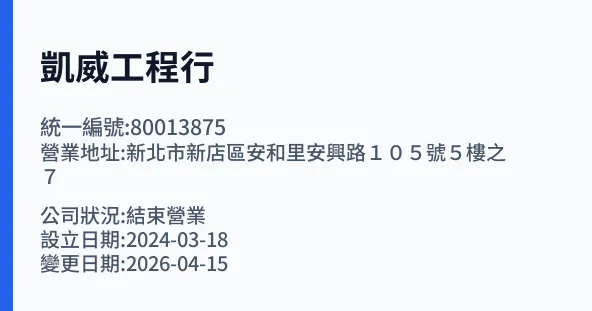 凱威工程行的照片-統編 80013875(新北市) 公司登記資料與營業項目詳細圖表