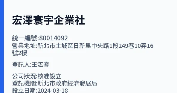 宏澤寰宇企業社的照片-統編 80014092(新北市) 公司登記資料與營業項目詳細圖表