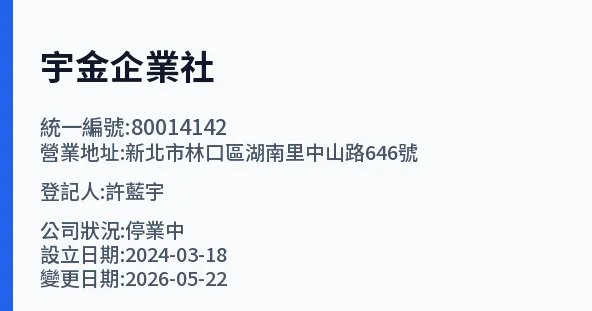 宇金企業社的照片-統編 80014142(新北市) 公司登記資料與營業項目詳細圖表