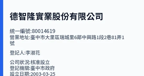 德智隆實業股份有限公司的照片-統編 80014619(臺中市) 公司登記資料與營業項目詳細圖表