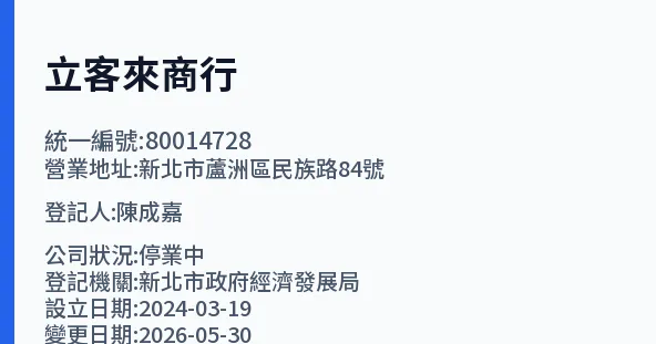 立客來商行的照片-統編 80014728(新北市) 公司登記資料與營業項目詳細圖表