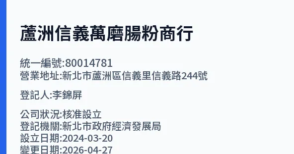 蘆洲信義萬磨腸粉商行的照片-統編 80014781(新北市) 公司登記資料與營業項目詳細圖表