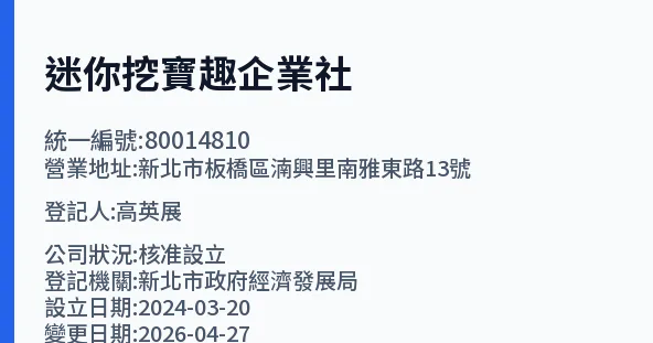 迷你挖寶趣企業社的照片-統編 80014810(新北市) 公司登記資料與營業項目詳細圖表