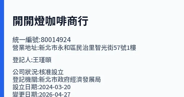 開開燈咖啡商行的照片-統編 80014924(新北市) 公司登記資料與營業項目詳細圖表