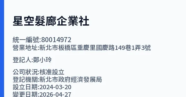 星空髮廊企業社的照片-統編 80014972(新北市) 公司登記資料與營業項目詳細圖表
