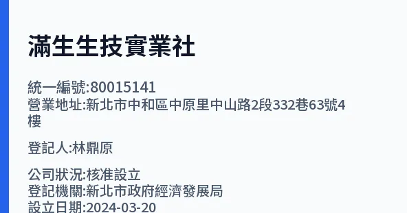 滿生生技實業社的照片-統編 80015141(新北市) 公司登記資料與營業項目詳細圖表