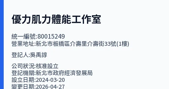 優力肌力體能工作室的照片-統編 80015249(新北市) 公司登記資料與營業項目詳細圖表