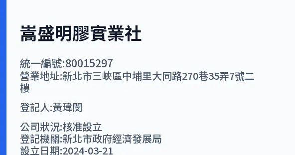 嵩盛明膠實業社的照片-統編 80015297(新北市) 公司登記資料與營業項目詳細圖表