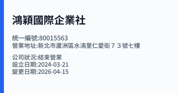 鴻穎國際企業社的照片-統編 80015563(新北市) 公司登記資料與營業項目詳細圖表