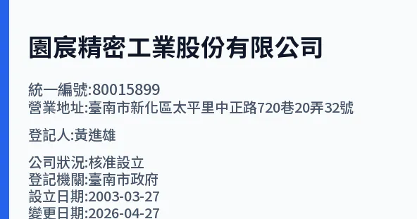 園宸精密工業股份有限公司的照片-統編 80015899(臺南市) 公司登記資料與營業項目詳細圖表