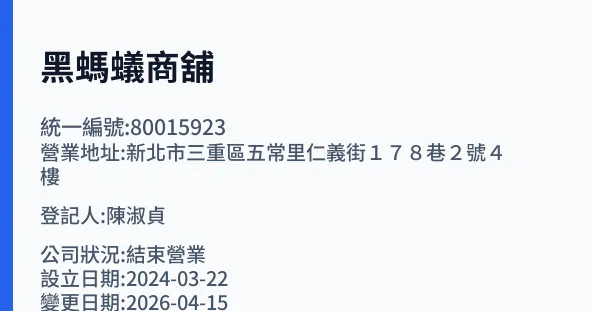 黑螞蟻商舖的照片-統編 80015923(新北市) 公司登記資料與營業項目詳細圖表