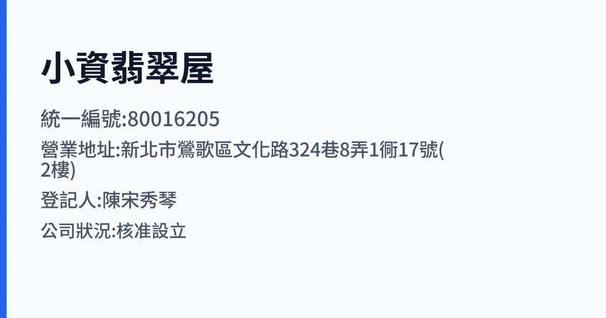 小資翡翠屋 - 統編 80016205(新北市) 公司登記資料與營業項目詳細圖表