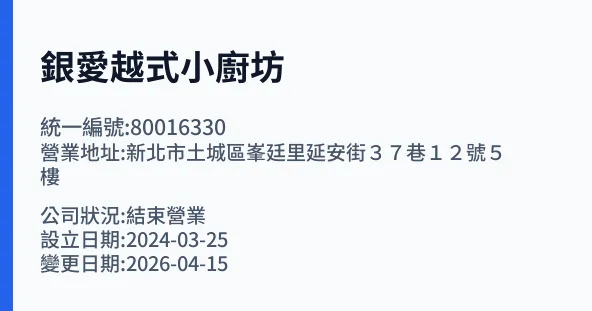 銀愛越式小廚坊的照片-統編 80016330(新北市) 公司登記資料與營業項目詳細圖表