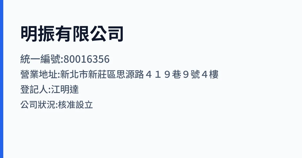 明振有限公司 - 統編 80016356(新北市) 公司登記資料與營業項目詳細圖表