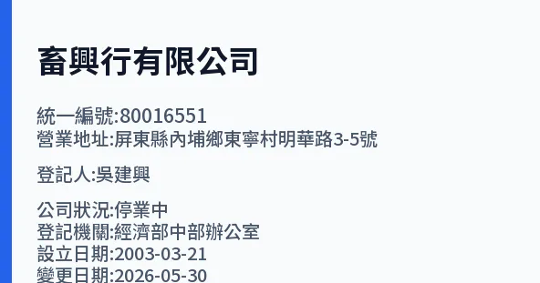 畜興行有限公司的照片-統編 80016551(屏東縣) 公司登記資料與營業項目詳細圖表