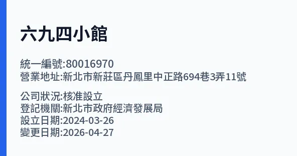 六九四小館的照片-統編 80016970(新北市) 公司登記資料與營業項目詳細圖表