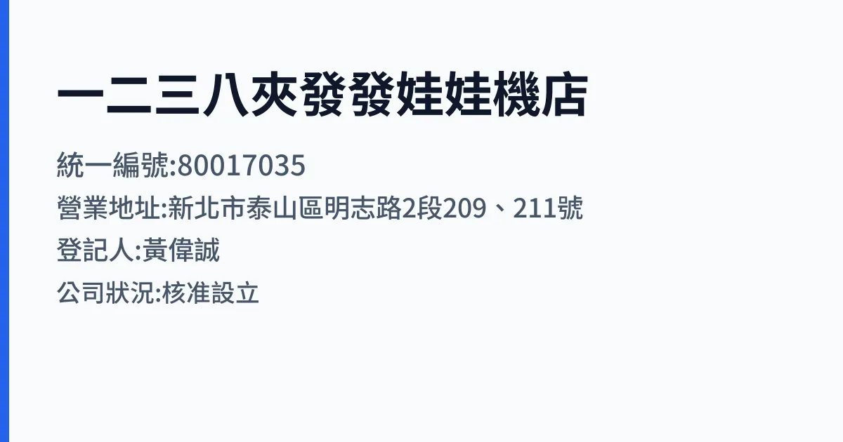 一二三八夾發發娃娃機店 - 統編 80017035(新北市) 公司登記資料與營業項目詳細圖表