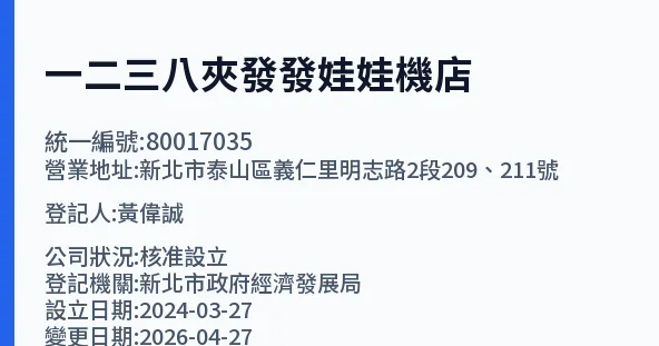 一二三八夾發發娃娃機店的照片-統編 80017035(新北市) 公司登記資料與營業項目詳細圖表
