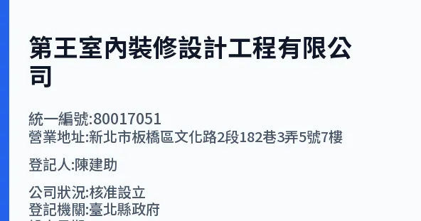 第王室內裝修設計工程有限公司的照片-統編 80017051(新北市) 公司登記資料與營業項目詳細圖表