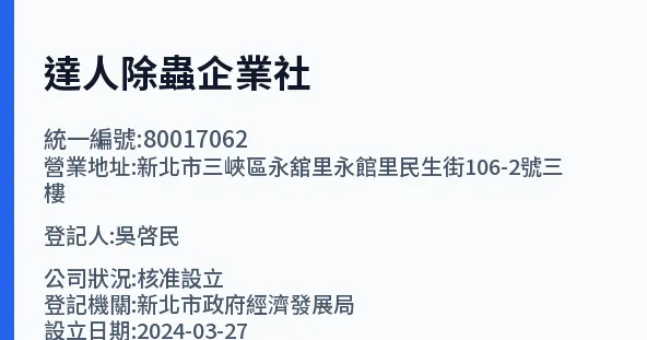達人除蟲企業社的照片-統編 80017062(新北市) 公司登記資料與營業項目詳細圖表