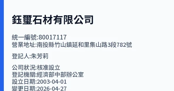 鈺璽石材有限公司的照片-統編 80017117(南投縣) 公司登記資料與營業項目詳細圖表