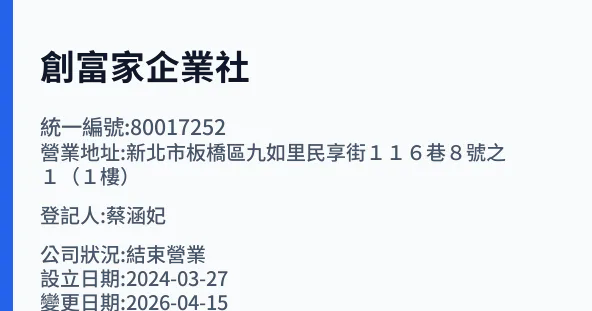 創富家企業社的照片-統編 80017252(新北市) 公司登記資料與營業項目詳細圖表