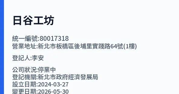 日谷工坊的照片-統編 80017318(新北市) 公司登記資料與營業項目詳細圖表