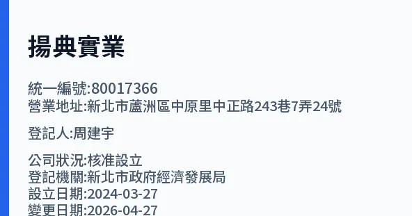 揚典實業的照片-統編 80017366(新北市) 公司登記資料與營業項目詳細圖表