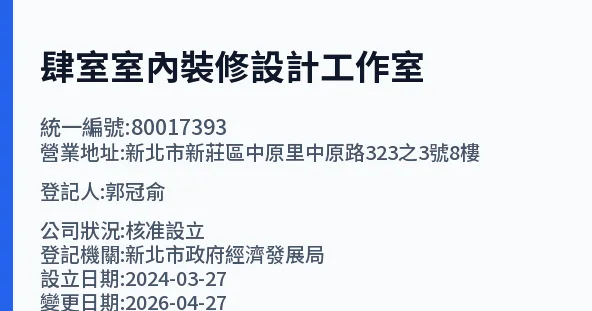 肆室室內裝修設計工作室的照片-統編 80017393(新北市) 公司登記資料與營業項目詳細圖表