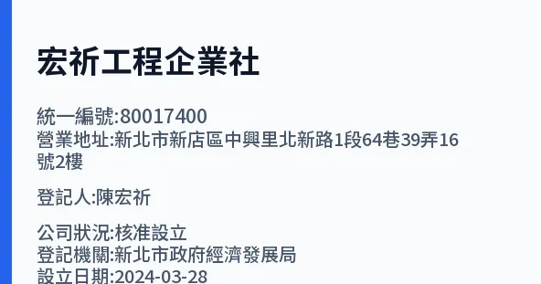 宏祈工程企業社的照片-統編 80017400(新北市) 公司登記資料與營業項目詳細圖表
